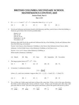British Columbia Secondary School Mathematics Contest 2025 Final Round ...